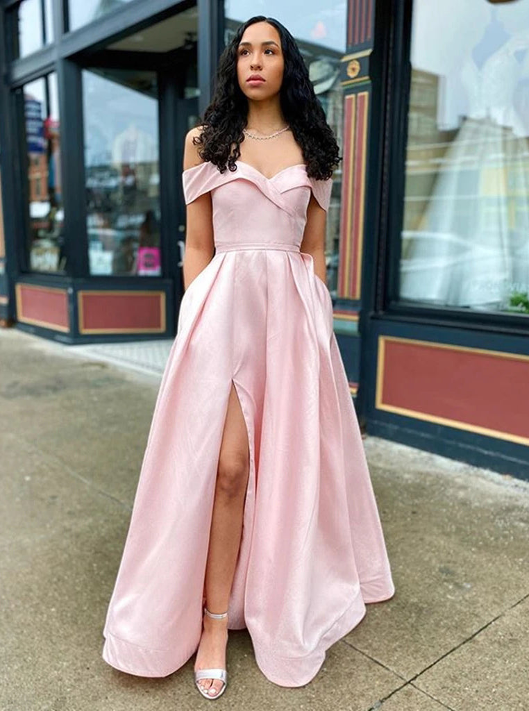 Off Shoulder Long Prom Dresses, Simple Evening Dresses With Pockets PO